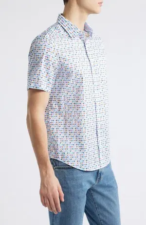 Johnston & Murphy Rooster Print Short Sleeve Button-up Shirt - White Multi