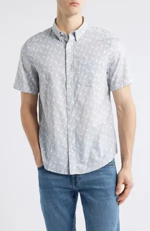 Johnston & Murphy Pelican Print Short Sleeve Button Down Shirt - Gray