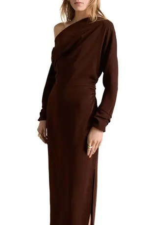 mango brown maxi dress Mango High Neck Long Sleeve Chiffon Tiered Maxi Dress in Natural
