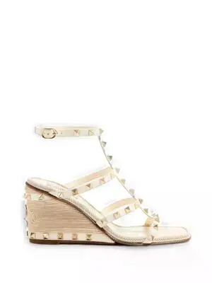Valentino Garavani Rockstud Wedge Sandals In Calfskin With Cornely Embroidery 80mm - Neutrals