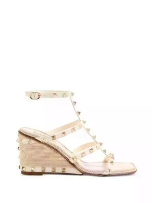 Valentino Garavani Rockstud Wedge Sandals In Calfskin With Cornely Embroidery 80mm - Neutrals