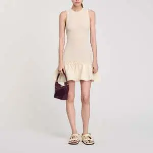 Sandro Mini Knit Ruffle Dress - Ecru