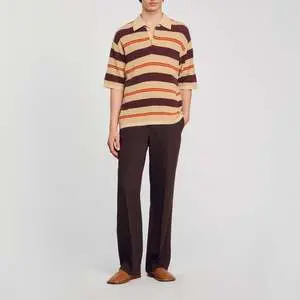 Sandro Striped Knit Polo Shirt Nut
