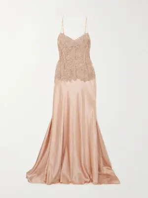 Rosamosario Classic Love Lace And Silk-satin Nightdress - Pink