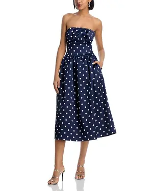 SELF-PORTRAIT Polka Dot Satin Midi Dress - Navy