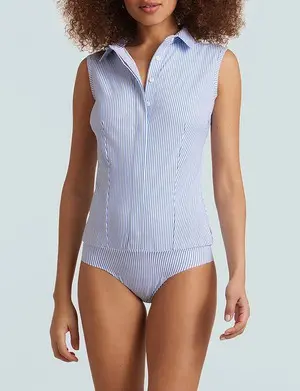 Commando Classic Printed Button Down Bodysuit - Blue/white Stripe