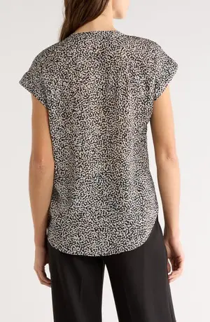 Vince Camuto Dot Print Split Neck Top - Rich Black