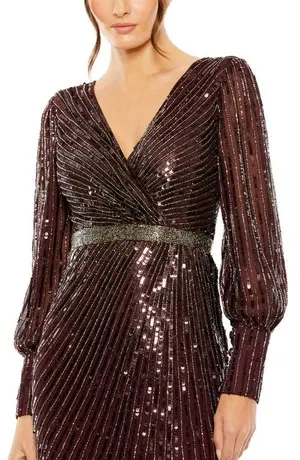 Mac Duggal Sequined Wrap Gown With Bishop Sleeves