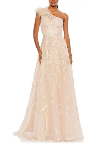 Mac Duggal Embellished One-shoulder A-line Gown With Feather Accent - Peach