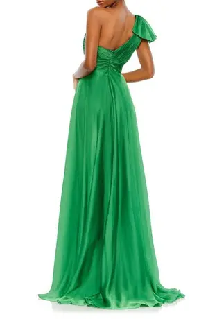 Mac Duggal One-shoulder Pleated Gown - Emerald