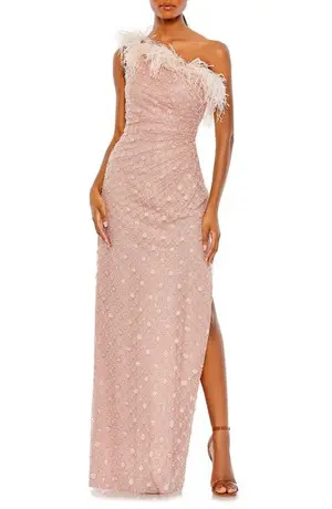 Mac Duggal Embellished One-shoulder Gown With Ostrich Feathers - Rose