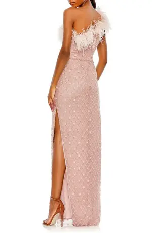 Mac Duggal Embellished One-shoulder Gown With Ostrich Feathers - Rose