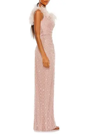 Mac Duggal Embellished One-shoulder Gown With Ostrich Feathers - Rose