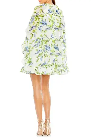 Mac Duggal Floral Print High Neck Ruffle Hem Cape Mini Dress - White Multi