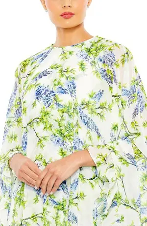 Mac Duggal Floral Print High Neck Ruffle Hem Cape Mini Dress - White Multi