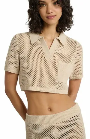 Onia Knit Crochet Cropped Short Sleeve Polo - Sandshell
