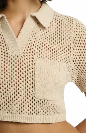 Onia Knit Crochet Cropped Short Sleeve Polo - Sandshell