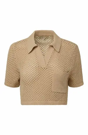 Onia Knit Crochet Cropped Short Sleeve Polo - Sandshell