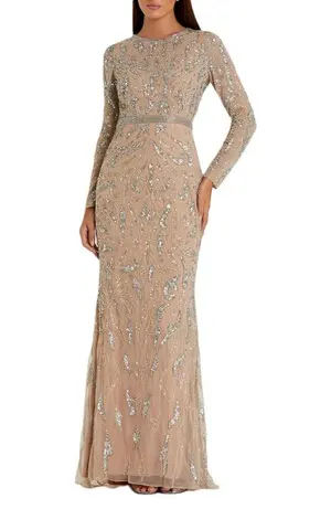 Mac Duggal Abstract Beaded Evening Gown - Mocha