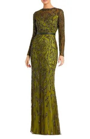 Mac Duggal Abstract Beaded Evening Gown - Olive