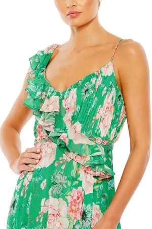 Mac Duggal Floral Print Ruffled A-line Gown