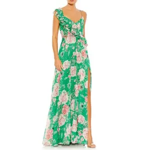Mac Duggal Floral Print Ruffled A-line Gown