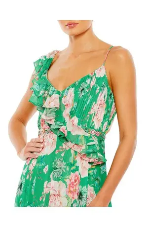 Mac Duggal Floral Print Ruffled A-line Gown