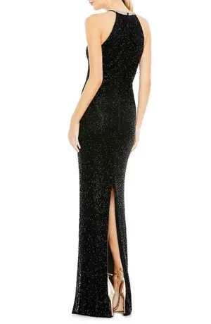 Mac Duggal Beaded Sleeveless High Neck Column Gown - Black