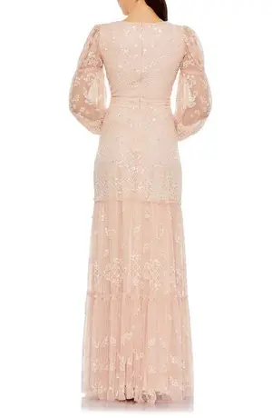 Mac Duggal Sequined Tiered Wrap-over Gown With Puff Sleeves - Blush