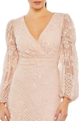Mac Duggal Sequined Tiered Wrap-over Gown With Puff Sleeves - Blush
