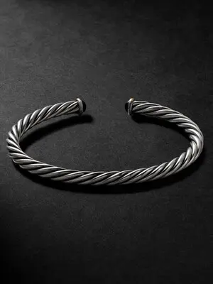David Yurman Cable Sterling And 14k Gold Cuff With Onyx - Silver