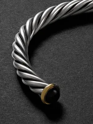 David Yurman Cable Sterling And 14k Gold Cuff With Onyx - Silver