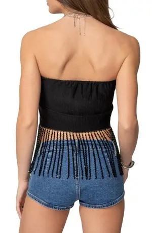 EDIKTED Jenna Sequin Fringe Strapless Top