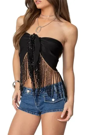 EDIKTED Jenna Sequin Fringe Strapless Top