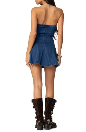 EDIKTED Fara Studded Strapless Godet Denim Minidress