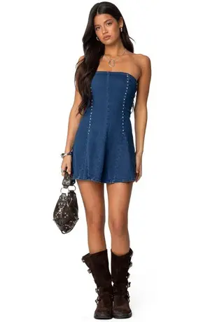 EDIKTED Fara Studded Strapless Godet Denim Minidress