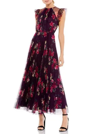 Mac Duggal Floral Flutter Sleeve Midi Dress