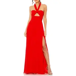 Mac Duggal Ruched Halter Keyhole Chiffon Gown - Red