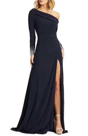 Mac Duggal Jeweled Cuff Drop Shoulder Gown - Midnight
