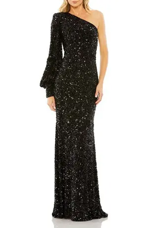 Mac Duggal One Shoulder Sequined Bishop Sleeve Trumpet Gown - Black