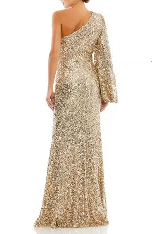 Mac Duggal One Shoulder Sequined Bishop Sleeve Trumpet Gown - Gold