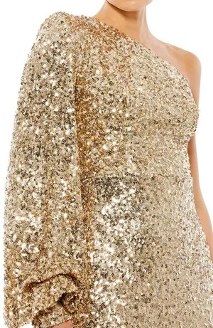 Mac Duggal One Shoulder Sequined Bishop Sleeve Trumpet Gown - Gold