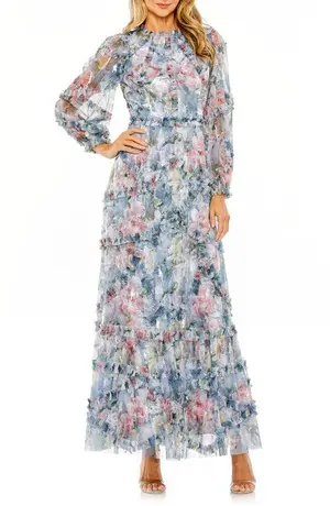 Mac Duggal Floral Chiffon High-neck Gown