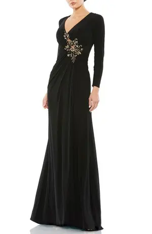 Mac Duggal Faux Wrap Appliqué Gown - Black