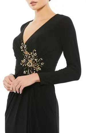 Mac Duggal Faux Wrap Appliqué Gown - Black