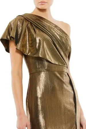 Mac Duggal Ruffled One-shoulder Metallic Gown