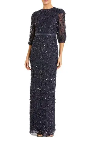 Mac Duggal Sequined Gown With Sleeves - Midnight