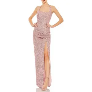 Mac Duggal Sequin Halter Gown With Knot Detail - Rose