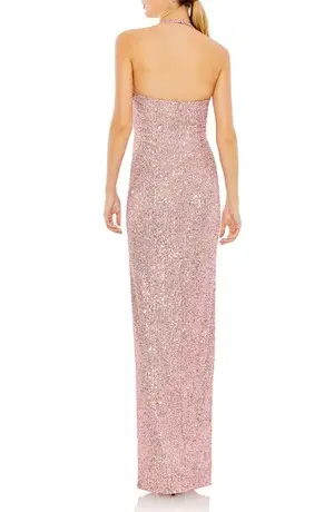 Mac Duggal Sequin Halter Gown With Knot Detail - Rose