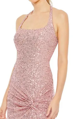 Mac Duggal Sequin Halter Gown With Knot Detail - Rose